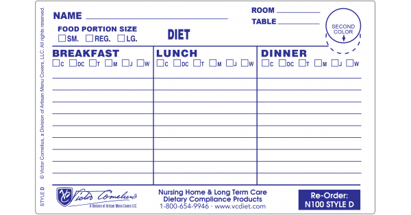 N100D Plastex Dietary Tray Cards with Pre attached laminate