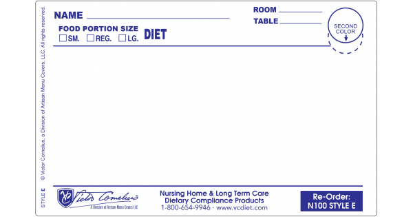 N100E Plastex Dietary Tray Cards with Pre attached laminate