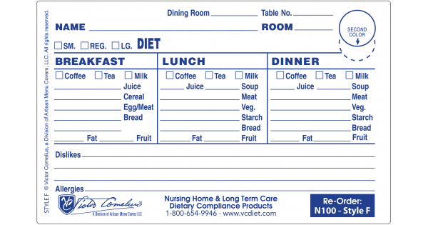 N100F Plastex Dietary Tray Cards with Pre attached laminate