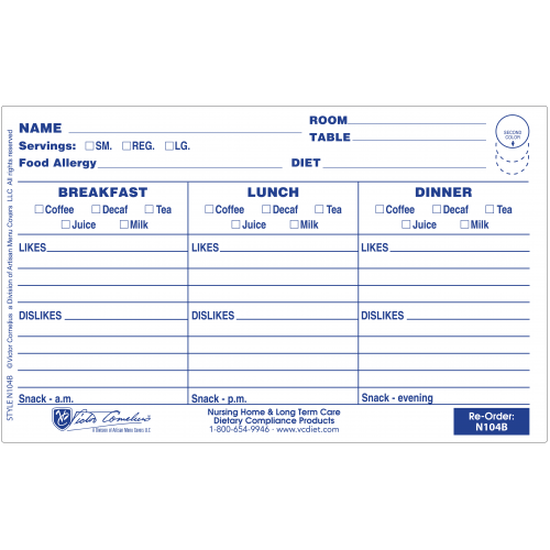 N104B Plastex Dietary Tray Card with Pre attached laminate
