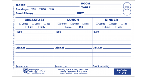 N104B Plastex Dietary Tray Card with Pre attached laminate